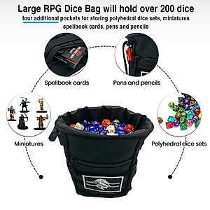 Luck Lab DND Drawstring Dice Bag with Removable Dragon Patch - Multiple Pockets and Large Dice Storage Area (200 + dice) for Dungeons and Dragons (d&d),RPG, MTG and All Table Top Gaming- Black