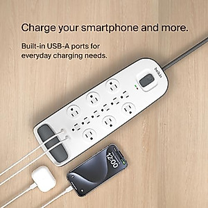 Belkin USB Power Strip Surge Protector - 12 AC Multiple Outlets & 2 USB Ports - 6 ft Long Flat Plug Extension Cord for Home, Office, Travel, Computer Desktop & Charging Brick - White (3,996 Joules)