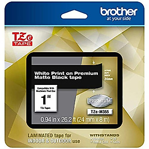 Brother P-touch TZe-M355 White Print on Premium Matte Black Laminated Tape 24mm (0.94”) wide x 8m (26.2’) long