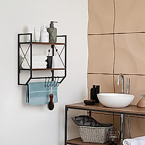Bathroom Towel Rack 2 Tier Wall Shelf with Towel Bar, Rustic Towel Rack with Shelf for Wall Storage Shelves with Hooks Over Toilet Shelf Wall Mounted Towel Holder Shelf Floating Shelves for Home Brown