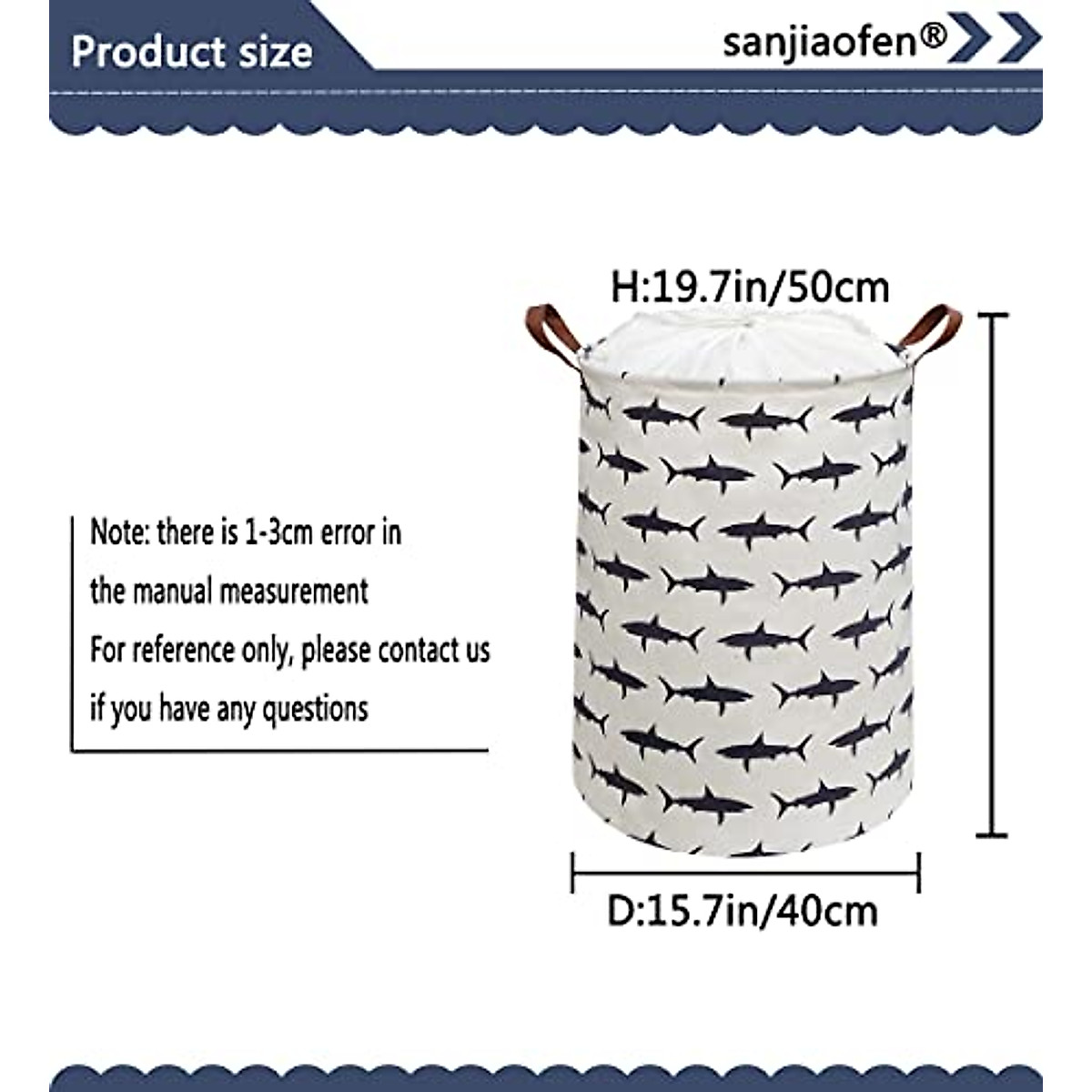 Sanjiaofen Kids Laundry Hamper,Canvas Shark Hamper Collapsible Boys Storage Basket Waterproof Toy Organizer Bin for Room Decor,Bedroom, Toys Bins,Clothes Hamper(Sharks)