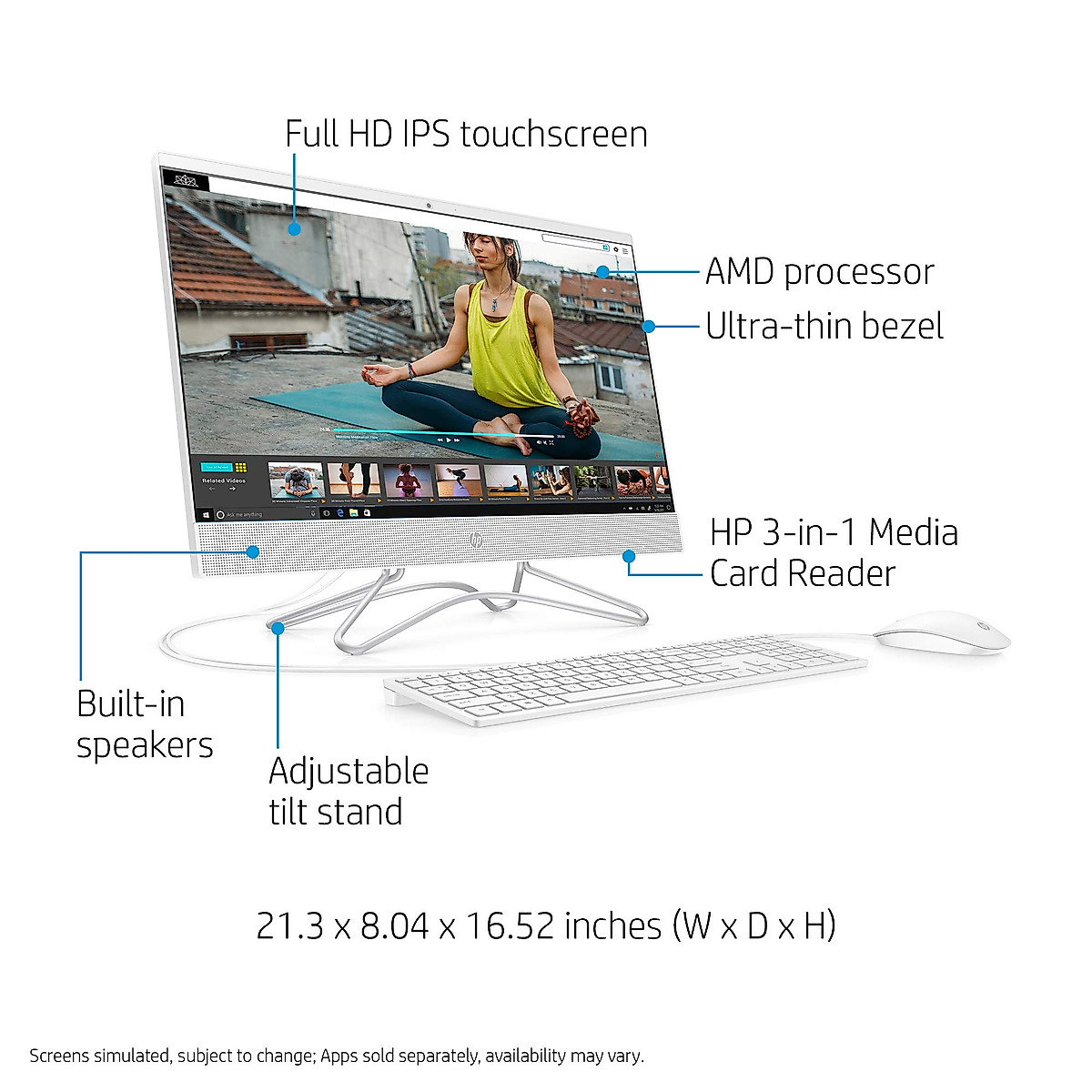 HP 24-Inch All-in-One Computer, AMD Ryzen 3 3200U, 8GB RAM, 1TB Hard Drive, Windows 10 (24-F1040, White)