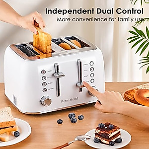 Toaster 4 Slice, Roter Mond Retro Stainless Steel Toaster with Extra Wide Slots Bagel, Defrost, Reheat Function, Dual Independent Control Panel, Removable Crumb Tray, 6 Browning Levels, White