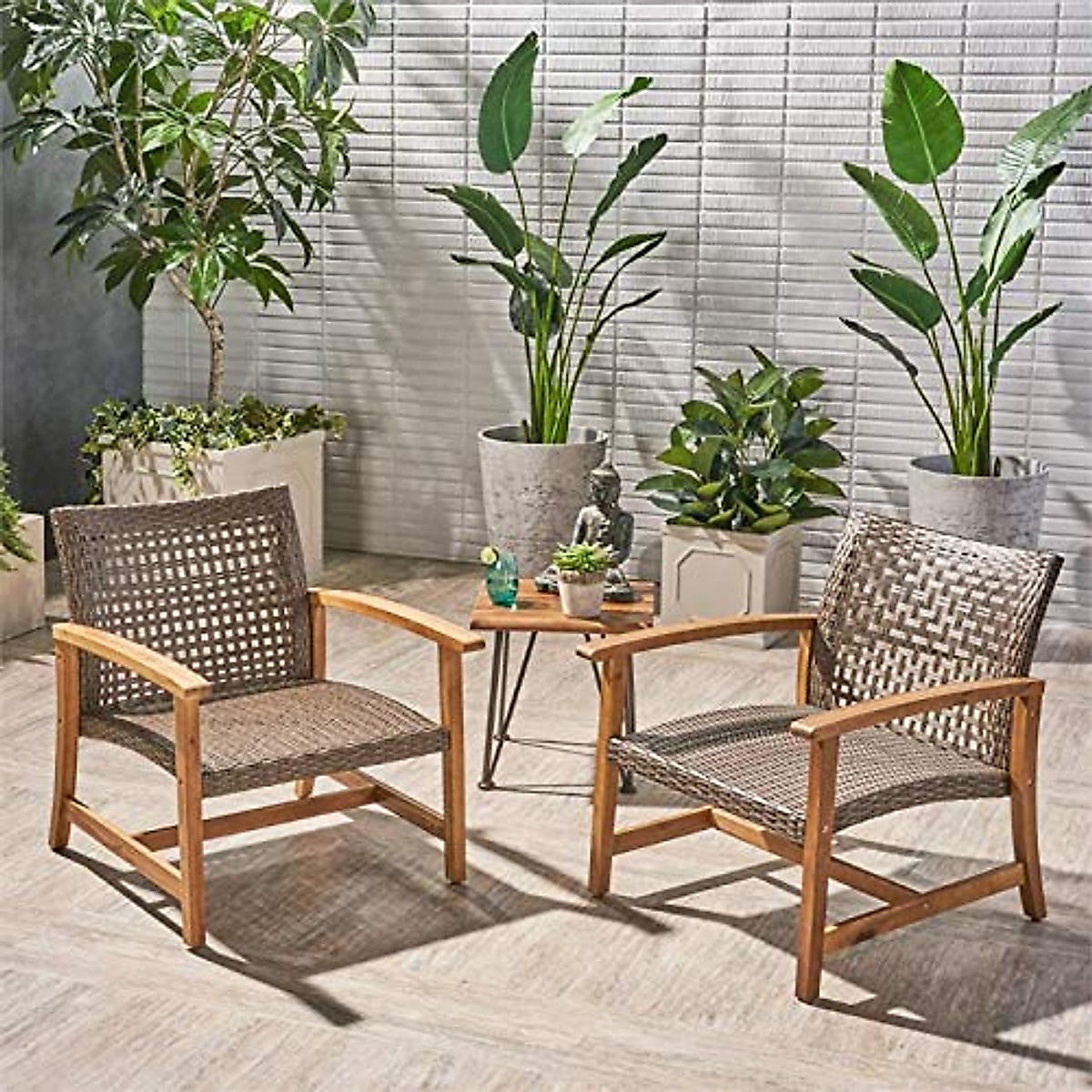 Great Deal Furniture Viola Outdoor Wood and Wicker Club Chairs (Set of 2), Teak Finish and Mixed Mocha