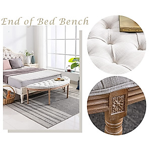 Janoray Farmhouse Upholstered Tufted Bench Wooden Half Moon Entryway Ottoman for Front Hallway Corner Window Bedroom End of Bed Living Room Coffee Table, Beige