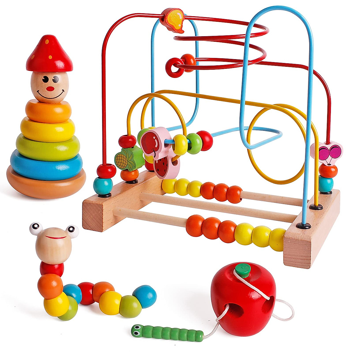SHIERDU Four-in-one Early Education Set Bead Maze Toy for Toddlers Montessori Activity Caterpillars Eat Apple Wooden Rainbow Stacker Twisting Caterpillar Toddler Activity Center Portable Travel Toys