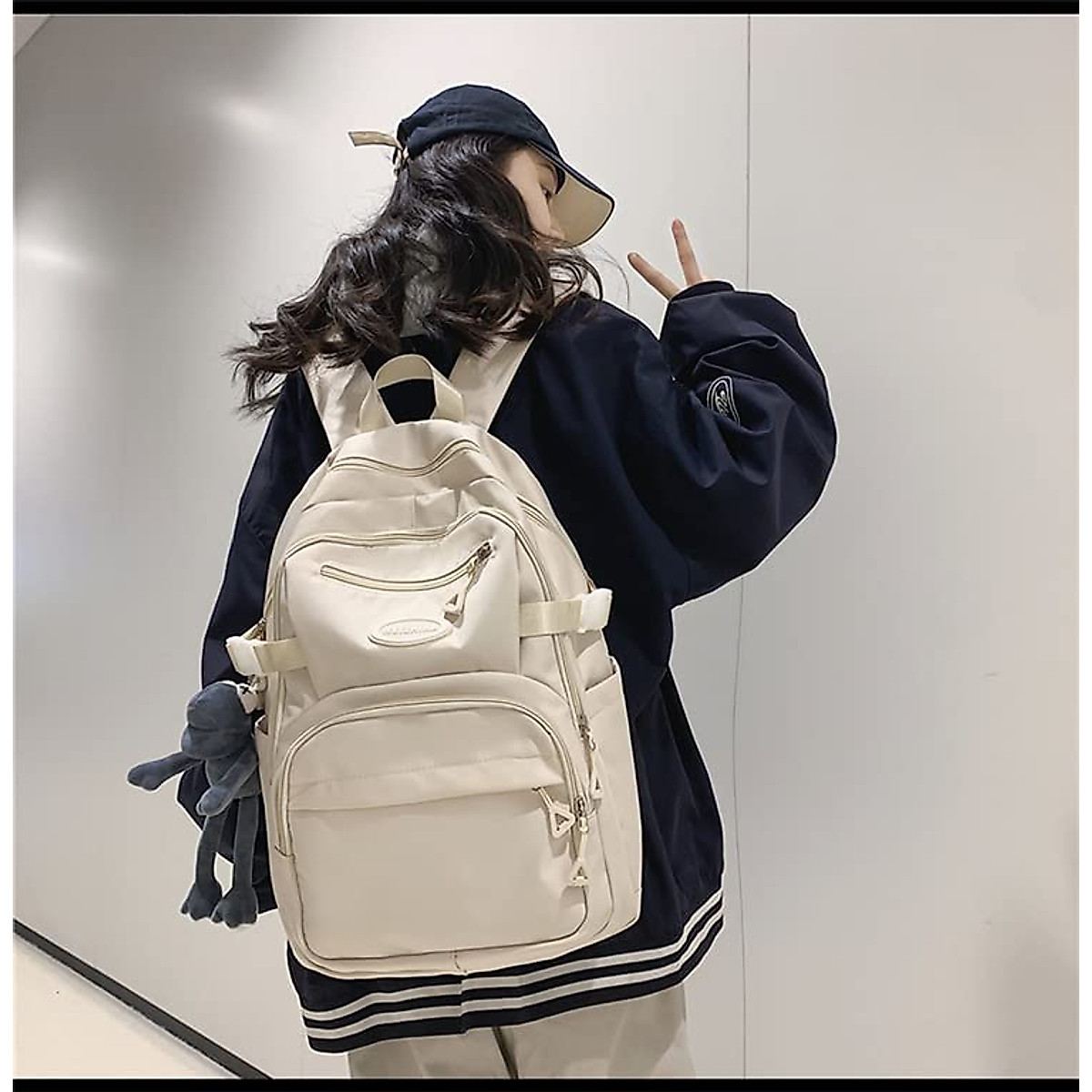 MININAI Preppy Backpack with Frog Plushies Fit 15.6 inch Laptop Large Capacity Backpack Cute Korean Style College Backpack (One Size,White)