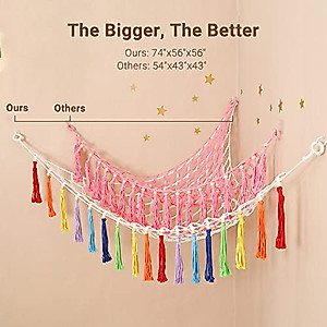 iKeelo 74x56x56 Macrame Toy Storage Hammock for Stuffed Animals, Fits 50-80 Plushies, Wall Hanging Toy Organizer for Kids Bedroom, Nursery and Playroom