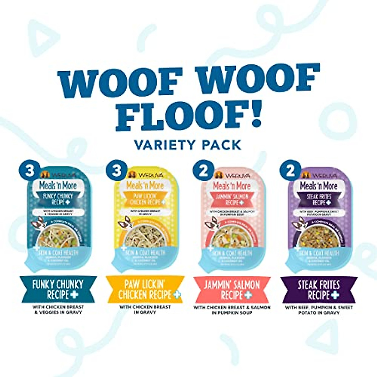 Weruva Dog Meals 'n More Natural Wet Dog Food, Woof Woof Floof! Skin & Coat Health Variety Pack, 3.5oz Cup (Pack of 10)