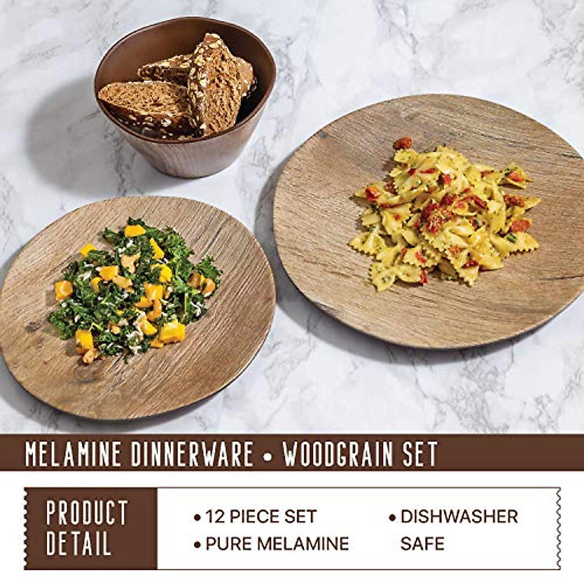 Melamine Dinnerware Sets - 12 pcs Melamine Plates Outdoor Plates Summer Plates and Bowls Sets Melamine Plates Ideal Camping Dish Set Dinnerware Set for 4 Dishwasher Safe (Wood Grain)