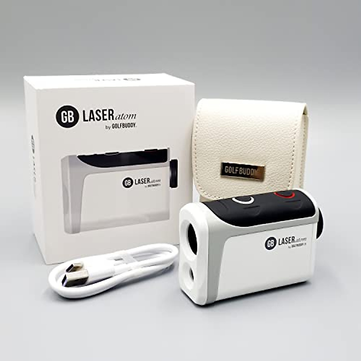 GOLFBUDDY Atom Golf Laser Rangefinder, Sleeker Compact Design, Luxurious Leather Magnetic Case, Pin Finder with Vibration, 880 Yard Range Finder, Slope Adjusted Distance (White)