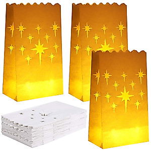 Aneco 48 Pieces Stars Design Luminary Bags White Paper Lantern Bags Flame Resistant Candle Bags Tealight Holders Luminary Bags for Christmas, Wedding, Reception, Party Decoration