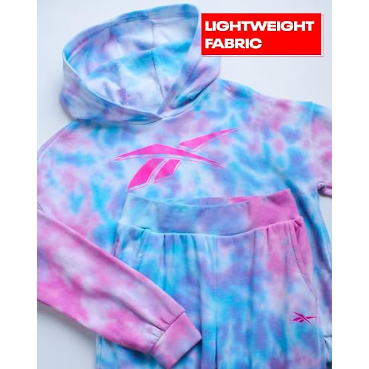 Reebok Girls Sweatsuit - 2 Piece Performance Fleece Sweatshirt and Jogger Sweatpants - Tie Dye Activewear Set for Girls, 7-12, Size 8, Tie Dye Pink