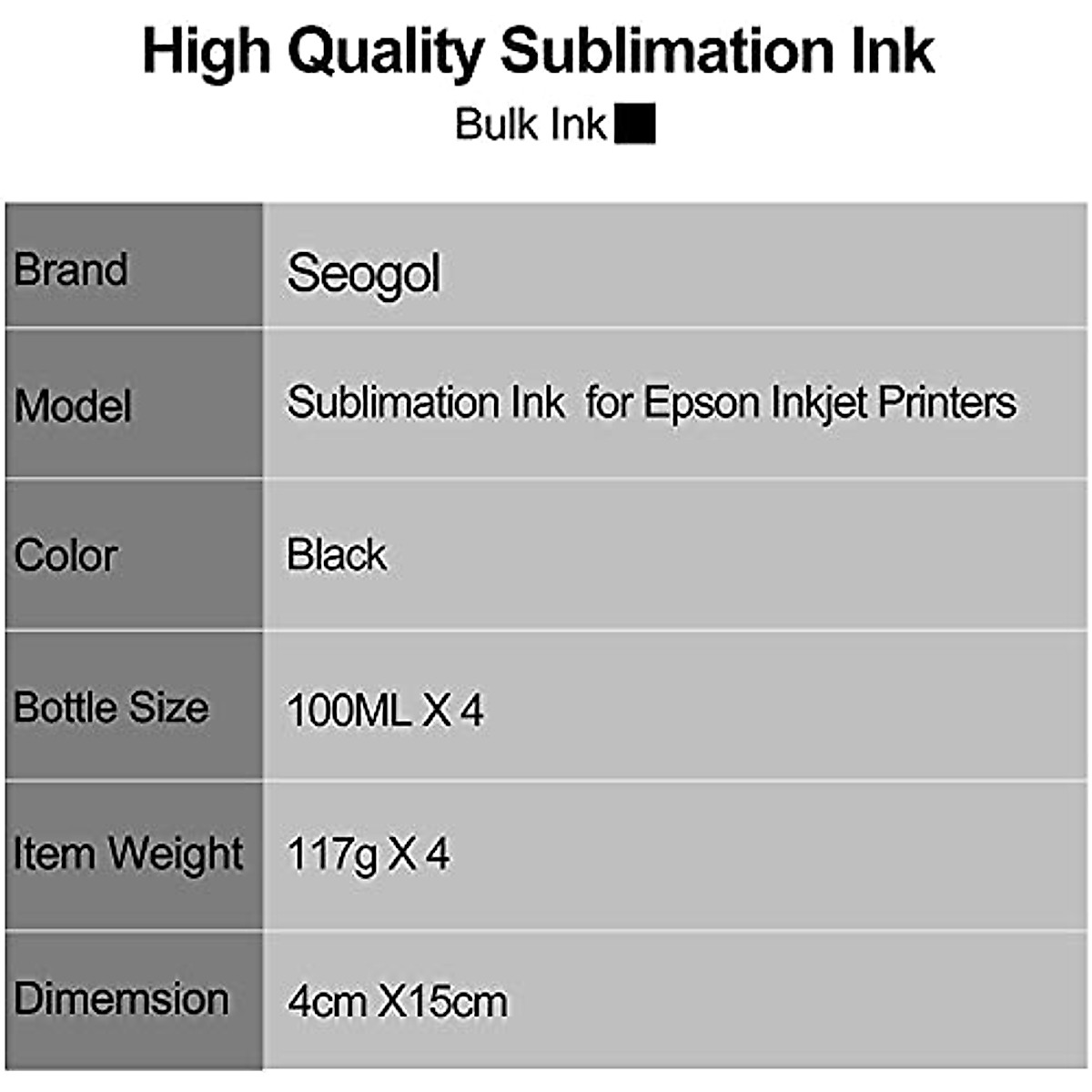 seogol Black Sublimation Ink for Epson EcoTank Workforce Printers ET-2720 ET-2760 ET-2750 ET-15000 ET-4700 ET-3760 WF-7710 WF-7720 WF-7210 C88+ ETC.（400ml/Offer Free ICC Printing）