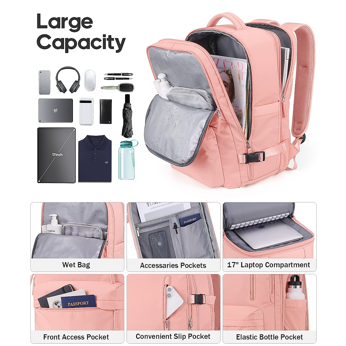 Bagsure Large Travel Backpack for Women Men, 45L Expandable Carry On Backpack, 17 Inch Laptop Backpack Waterproof College Business, Flight Approved