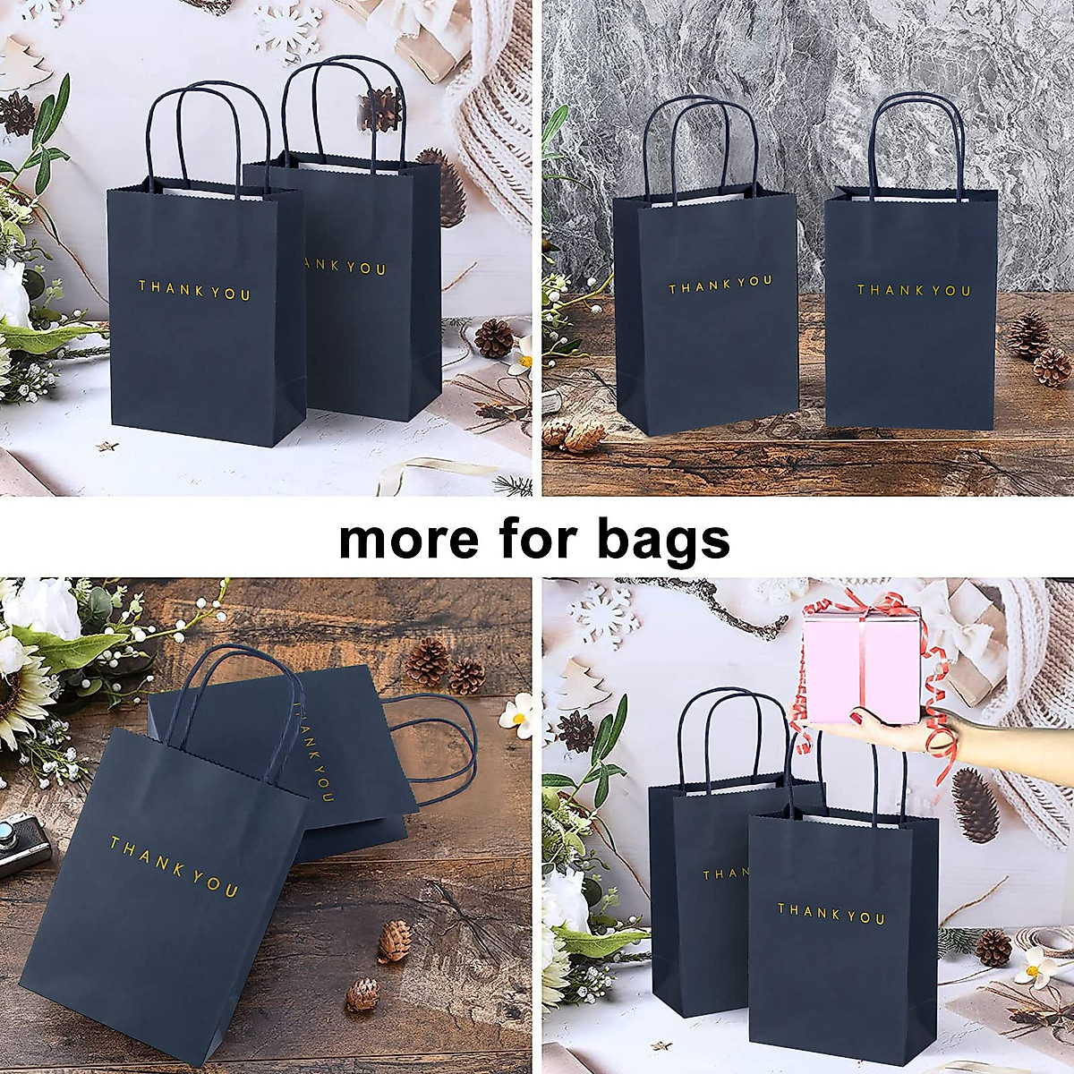 driew Thank You Gift Bags 50 Pack, 5.9 x 3.1 x 8.3'' Navy Blue Paper Bags with Handles for Retail, Wedding,Party, Shopping