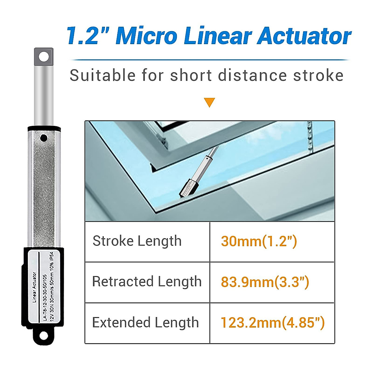 Electric Micro Linear Actuator 12V - 1.2" Stroke, 64N/14.4lb, Speed 0.6inch/s Mini Waterproof Motion Actuator Small 12 V DC, w/Mounting Brackets, for Sofa Robotic TV Table Cabinet Window Opener Lift
