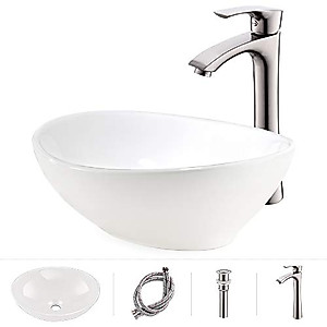 VOKIM Oval White Ceramic Vessel Sink and Faucet Combo -16" x 13" Modern Egg Shape Above Counter Bathroom Vanity Bowl,Brushed Nickel Faucet Matching Pop Up Drain Combo
