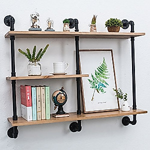Industrial Pipe Shelf with Wood 43.3in,Rustic Wall Mount Shelf 3-Tiers,Metal Hung Bracket Bookshelf,DIY Storage Shelving Floating Shelves