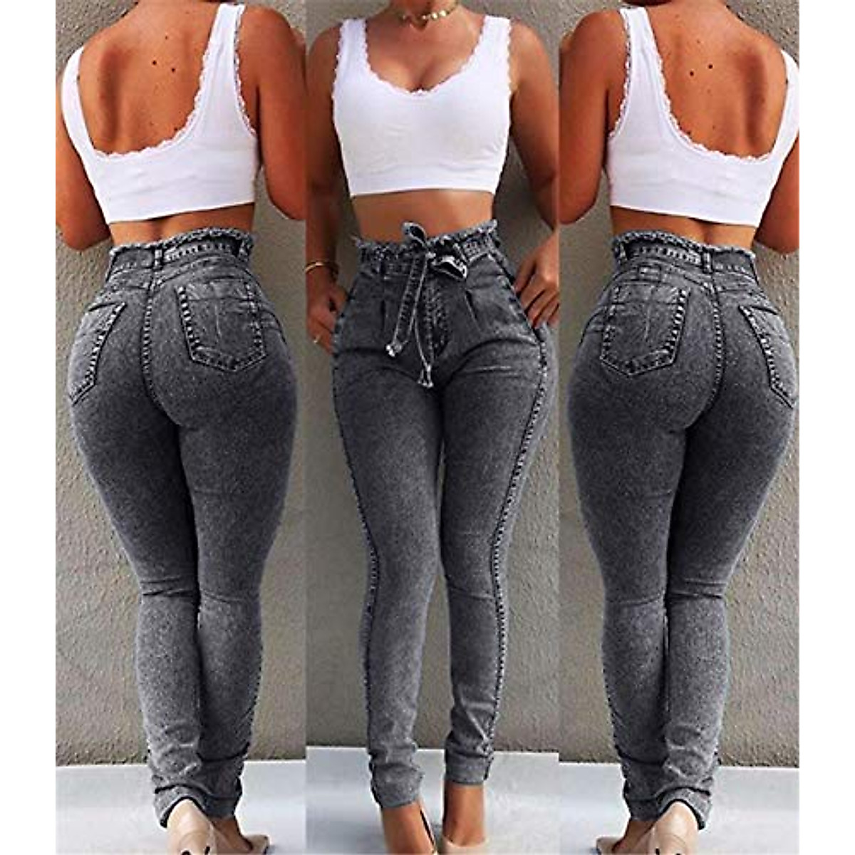 Andongnywell Women's High Waist Skinny Destroyed Ripped Denim Pants Long Stretch Distressed Pencil Jeans Trousers (Gray,Small)