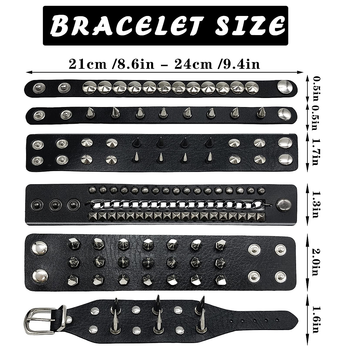6 Pieces Punk Studded Bracelet Goth Bracelet Leather Rivets Spike Bracelet Cuff Adjustable Metal Wristband Gothic Accessories for Men Women Halloween