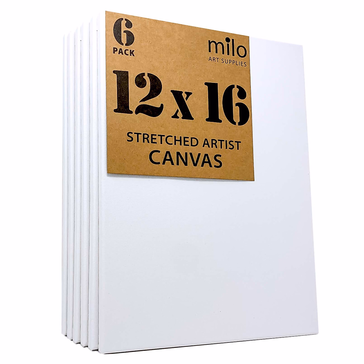 milo Stretched Artist Canvas | 12x16 inch | Value Pack of 6 Canvases for Painting, Primed & Ready to Paint Art Supplies for Acrylic, Oil, Mixed Wet Media, & Pouring, 100% Cotton with Pine Wood Frame