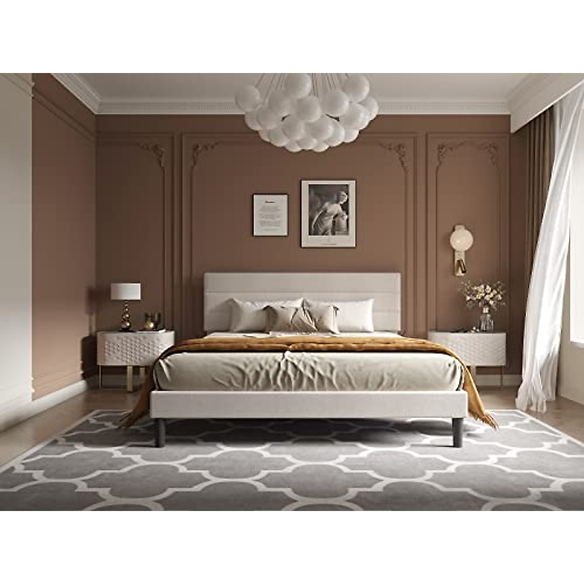 BONSOIR Bed Frame Modern Horizontal Panel Upholstered Low Profile Platform with Tufted Headboard/No Box Spring Needed/No Bed Skirt Needed/Linen Fabric Upholstery/Beige (Queen Size)