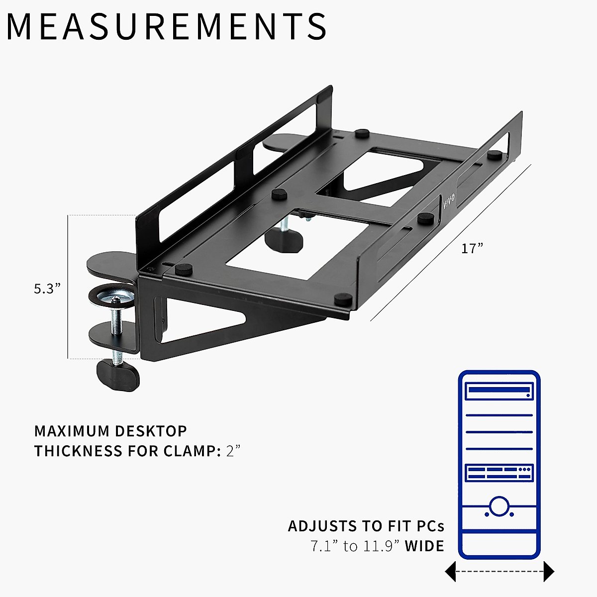 VIVO Clamp-on Desk Extender PC Desk Mount Holder with Wall Mount Option, Standard and Large Gaming Computer Case Stand, Adjustable with Secure Locking, Black, MOUNT-PC07G
