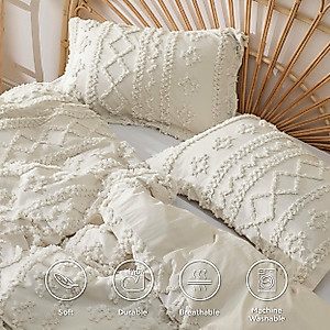 Bedsure Boho Duvet Cover Queen - Tufted Duvet Cover Queen Size for All Seasons, 3 Pieces Soft Shabby Chic Embroidery Boho Bedding Duvet Cover for Gifts (Beige, Queen, 90x90)