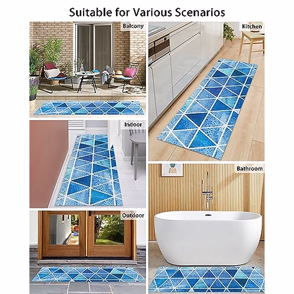 Welcome Mats, Blue Triangle Tile Pattern Door Mat, Non-Slip Absorbent Large 18x47 Inch Outdoor Indoor Mat Low-Profile Floor Mat Doormat for Entryway/Patio/Garage