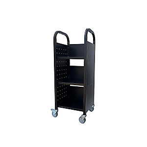 Workington Single Bank Rolling Book Truck Book Cart with 3 Flat Shelves, Library Book Cart with Swivel Lockable Casters 3000 Black