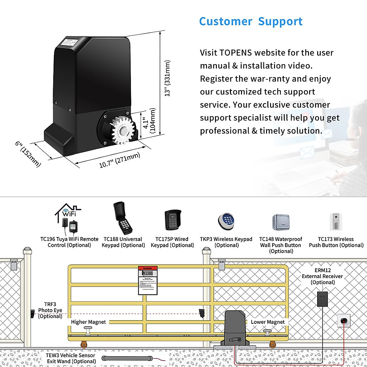 TOPENS RK990T Automatic Sliding Gate Opener Rack Drive Electric Gate Motor for Heavy Driveway Slide Gates Up to 2200 Pounds, Security Gate Operator AC Powered with Nylon Gear Rack and Remote Control