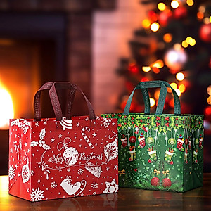 Christmas Gift Bags 16 packs, Christmas Tote Bags Medium Size Holiday Gift Bags with Handle, Reusable Non-Woven Shopping Bags for Xmas Gifts Wrapping Party Supplies Open Size 12.4*9.84*6.69 in