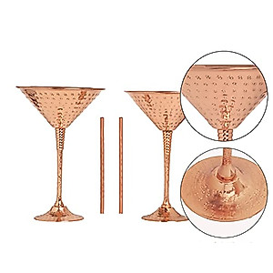 BOLD & DIVIN Handmade Hammered Pure Copper Martini Globlets | With Exquisite Reinforcement Ring & Pure Copper Straws | Set of 2 | 9.5 Oz | Glasses for Wedding, Valentines Gift
