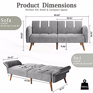 Meilocar Futon Sofa Bed Velvet, 70" Loveseat Futon Couch Sofa Bed with Adjustable Armrests, Reliner Guest Bed Daybed for Bedroom, Living Room, Light Grey