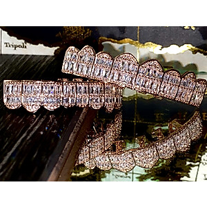 14k Rose Gold Baguette Joker Pink Grillz for Mouth Top Bottom Hip Hop Teeth Grills for Teeth Mouth Grillz for Mouth Top Bottom Hip Hop 8 Teeth Prong Set Cz Diamonds Grills for Tooth