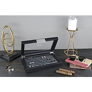 Glenor Co Cufflink Box for Men - Holds 70 Cufflinks - Luxury Display Jewelry Case -Carbon Fiber Design - Metal Buckle Holder, Large Glass Top - Black