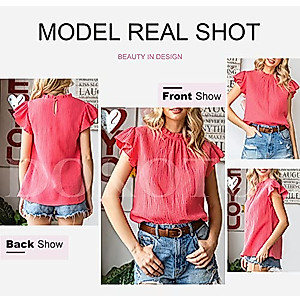 Dokotoo 2023 Stylish Ladies Tops and Blouses Solid Cotton Causal Crewneck Smocked Ruffle Short Sleeve Shirts Comfy Loose Fit Tunic Summer Sexy Tops for Women Rose M