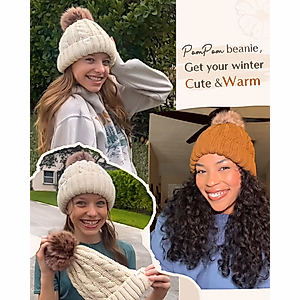 YANIBEST Winter Hats for Women Satin Lined Knitted Beanie Hat Warm Soft Ski Cuff Cap with Pom Pom Black