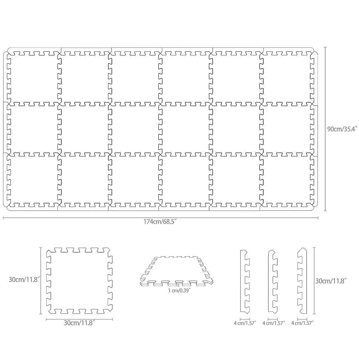 Yostrong 18 Tiles Interlocking Puzzle Foam Baby Play Mat with Straight Edges for Playing - EVA Babies Crawling Mat | Rubber Floor Work Out Mats for Home Gym. White, Black, Gray. YOC-ADLb18S18