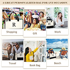 QLOVEA Birthday Gifts for Women 16oz Embroidery Canvas Initial Tote Bag for Women Who Have Everything, Suitable for Travel, Wedding, Beach, Great Gift for Mom, Teachers, Friends, Bridesmaids Letter T