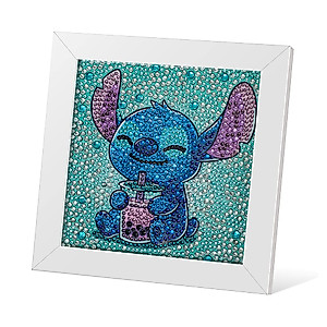 5D Diamond Painting Kit for Kids with Wooden Frame Easy Small Anime Diamond Painting Full Drill Diamond Art Gem Painting for Beginners 7X7 inch (Stitch)