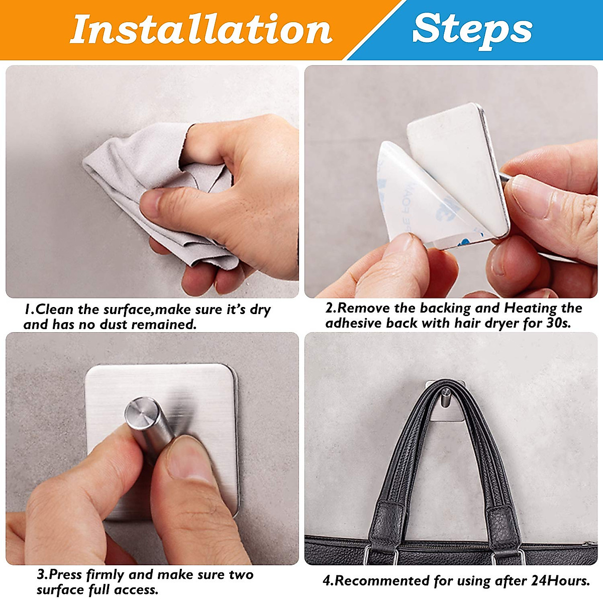 Jekoo Adhesive Wall Hooks Heavy Duty Hooks for Hanging Wall Hangers Stick on Shower Home Bathroom Kitchen Door Ideal for Robes, Umbrellas, Clothes, Bags, Coats, Keys - Stainless Steel - 4 Packs