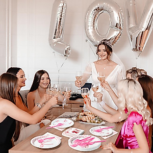 G1ngtar 96Pcs Pink Bow Party Plates Supplies - Coquette Cute Party Tableware Decorations Disposable Paper Plates Napkins Forks for Girl Bachelorette Bridal Engagement Birthday, Serves 24 Guests