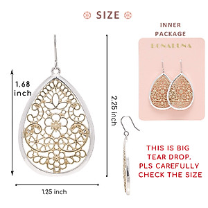 Bohemian Gold & Silver Two Tone Floral Filigree Big Tear Drop Earrings (BIG TEAR DROP)