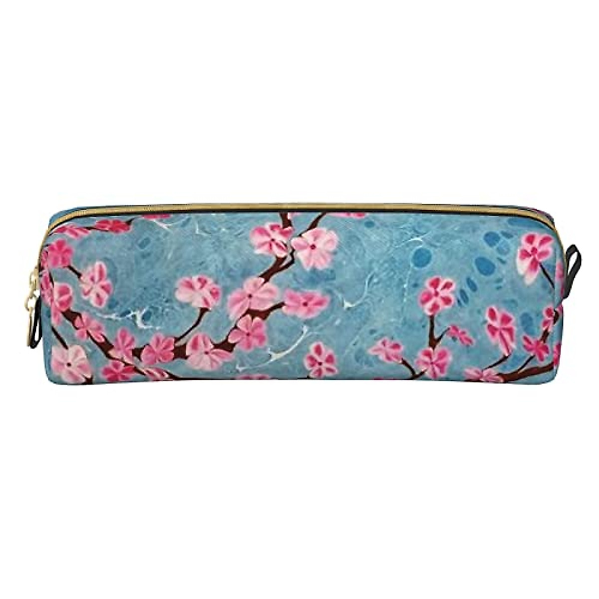 Cherry Blossom Sakura Leather Pencil Case Bag with Zipper Women Makeup Bag Durable Portable Suitable for School Work and Office 8.3 x 2.2 In