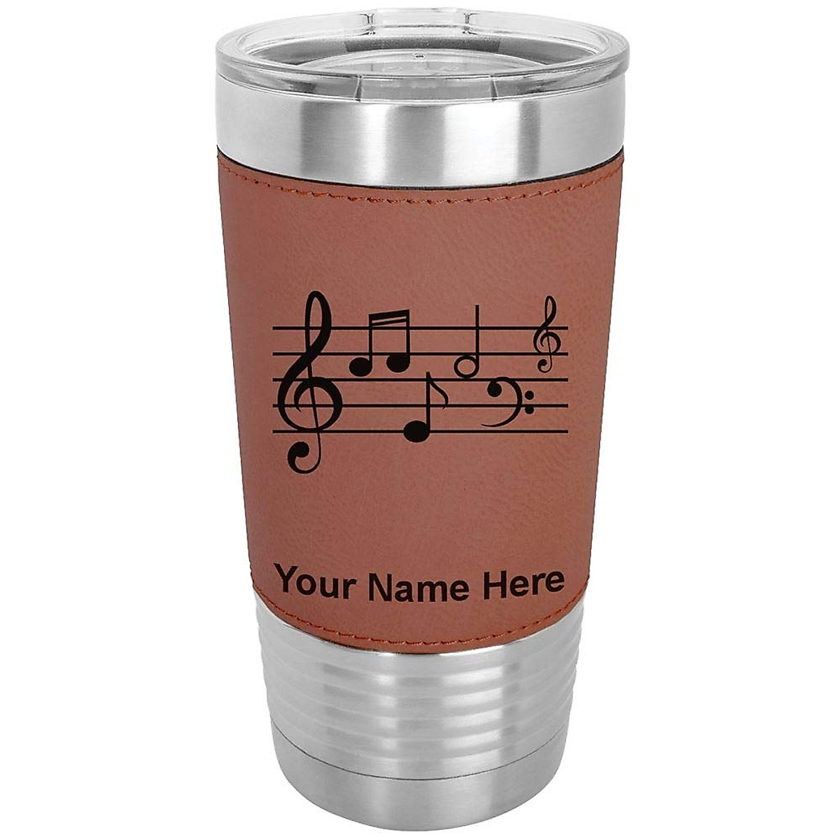 LaserGram 20oz Vacuum Insulated Tumbler Mug, Music Staff, Personalized Engraving Included (Faux Leather, Dark Brown)