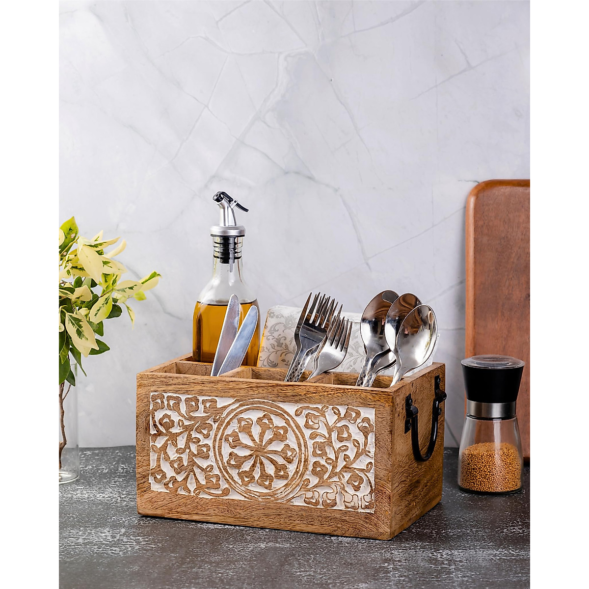 Mie Creations 4 Compartment Wooden Silverware Caddy Utensil Holder, Farmhouse Cutlery Flatware Organizer, Decorative Wood Caddy with Metal Handles for Kitchen Countertop, Picnic, Buffet Party- White