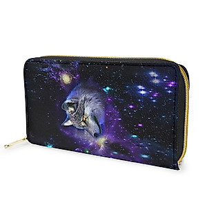 Poceacles Galaxy Space Wolf Print Women's Wallet,Durable Long Leather Coin Money Purse,Waterproof Card Holder Pouch Zip Around