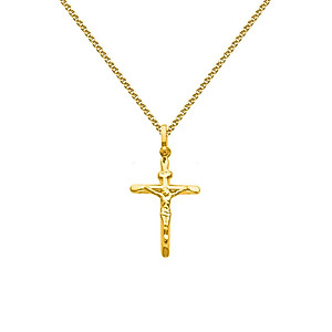 The World Jewelry Center 14k REAL Yellow Gold Crucifix Cross Pendant with 1.5mm Flat Open Wheat Chain Necklace - 24"